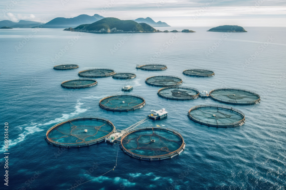 Aerial view of a large-scale fish farm in the ocean. Sustainable ...