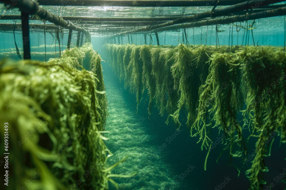 Thriving seaweed algae growth on lines in an aquaculture farm. Healthy ...