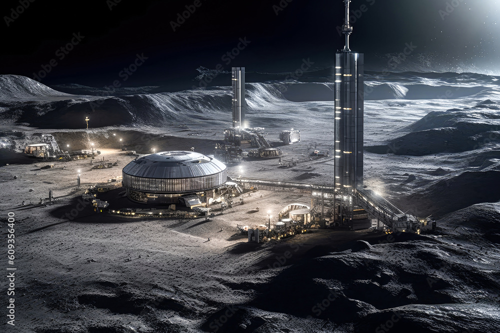 ภาพประกอบสต็อก Space mining base operation on the moon surface. Future ...