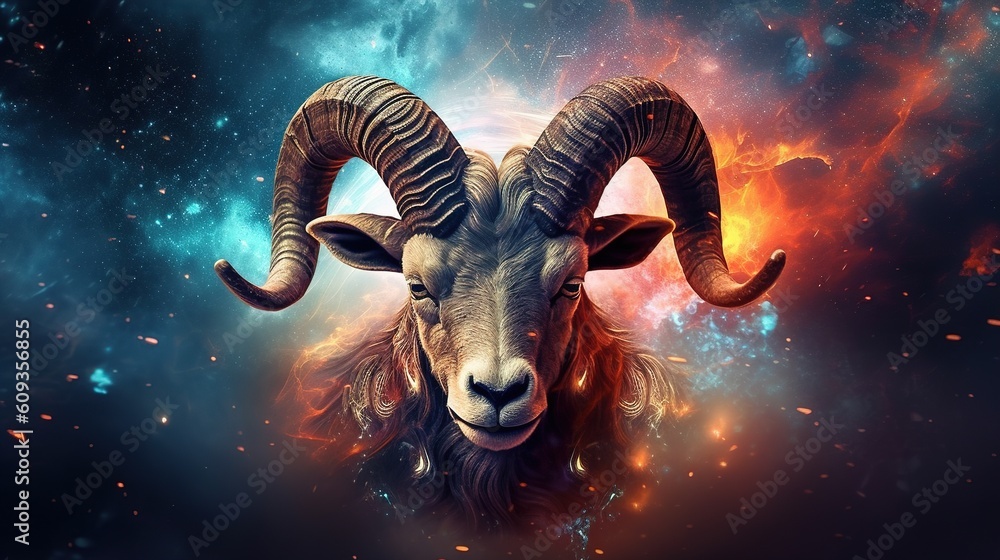 Capricorn goat ram zodiac sign against space nebula background ...