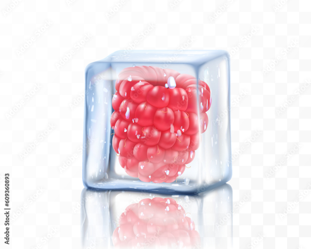 Fresh ripe raspberry in ice cube isolated on transparent background ...