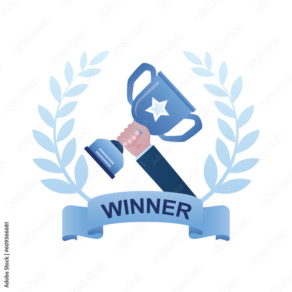 Businessman hand holds winner cup inside of award wreath with ribbon ...