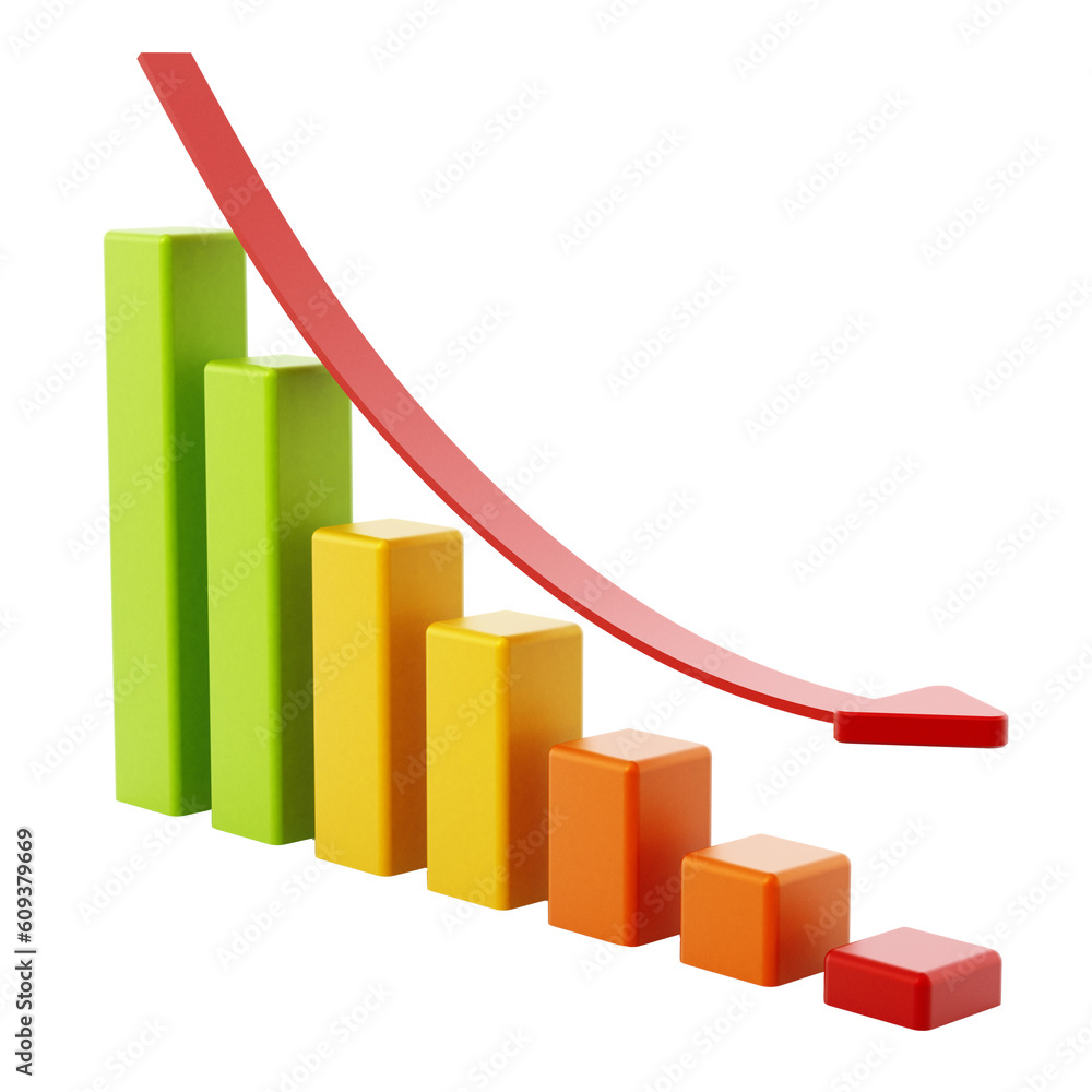 Stat bars and falling arrow showing a downward trend on transparent ...