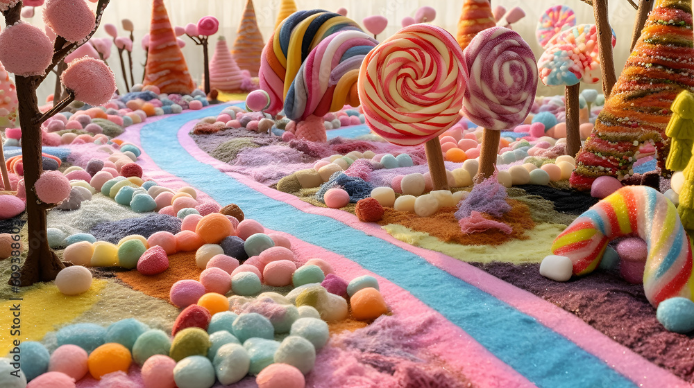 a landscape of candy land with a flowing chocolate river, candy canes ...