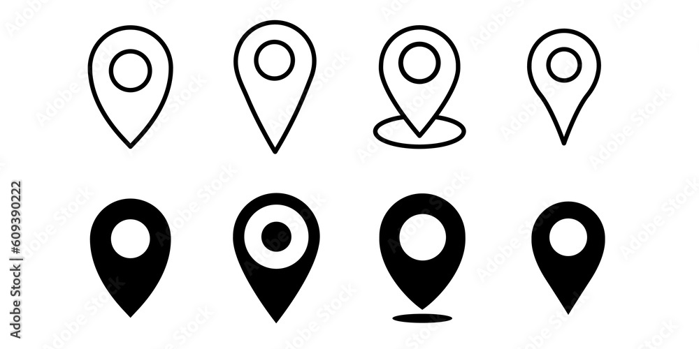 Map pin place icons set. Location icon. 8 different location pins. GPS ...