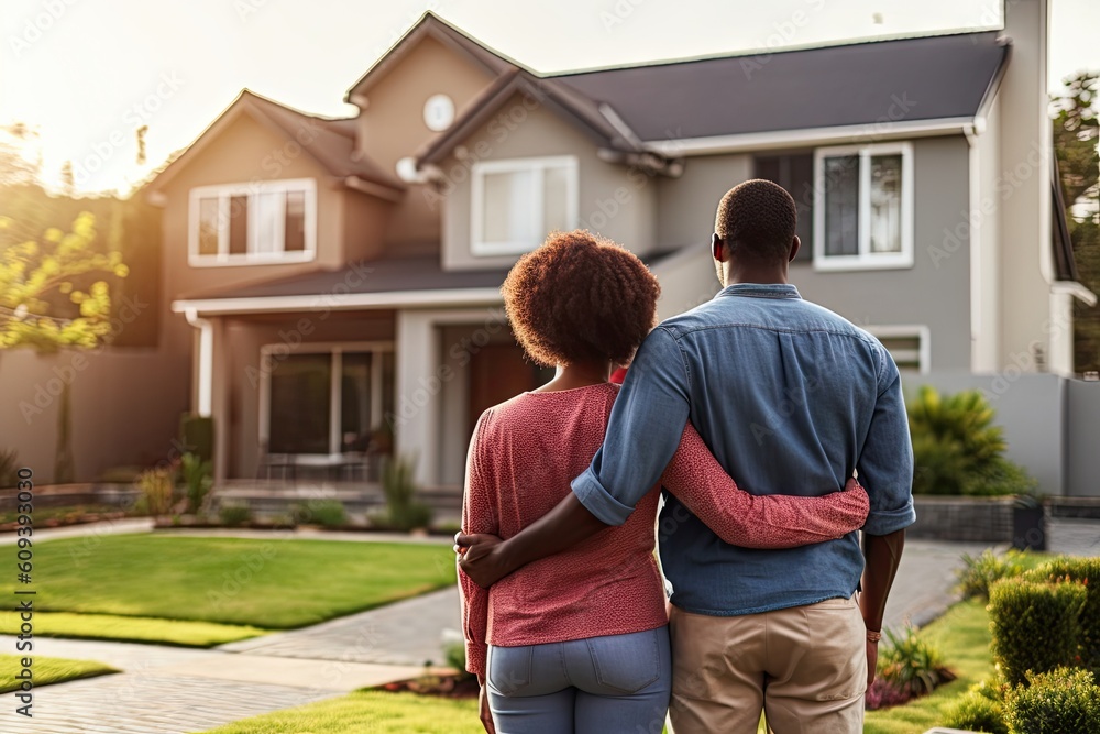 Happy homeowners. Loving couple African American embracing in front of ...