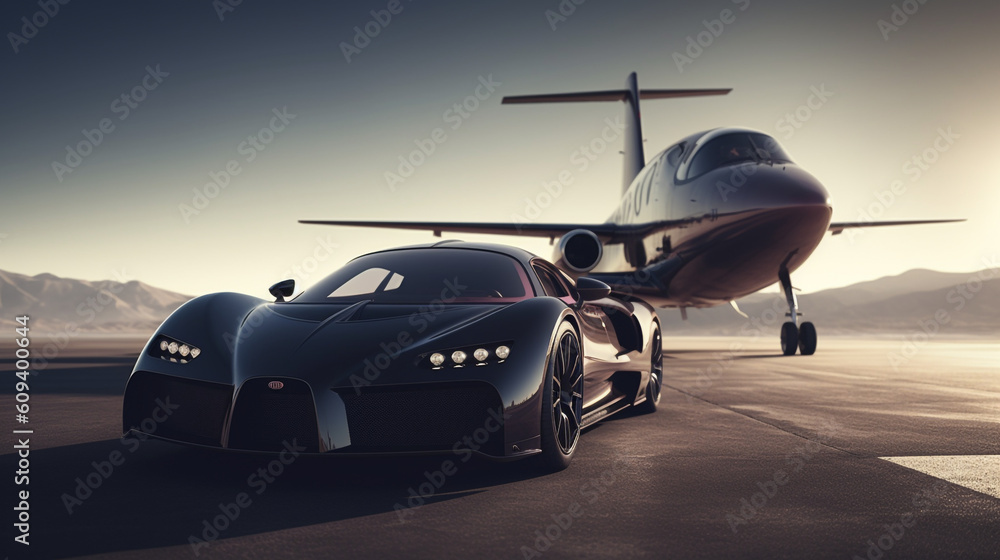 luxury as a supercar and private jet grace a landing strip, ready to ...