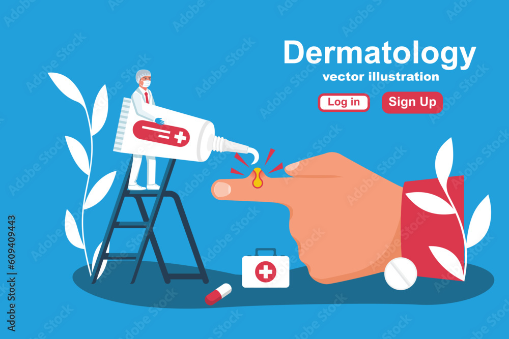 A dermatologist examines infected skin. Big hand with pimples or eczema ...