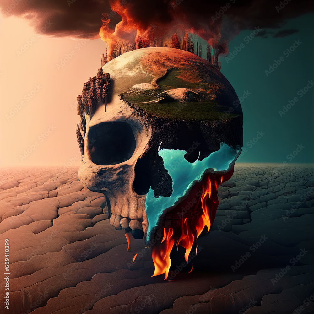 Planet earth globe in the shape of a human skull with fire ...