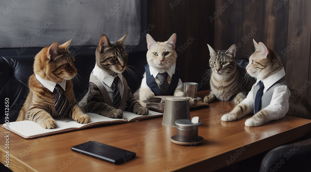 Cat meet, cats wearing suits gathered around a table having a business ...