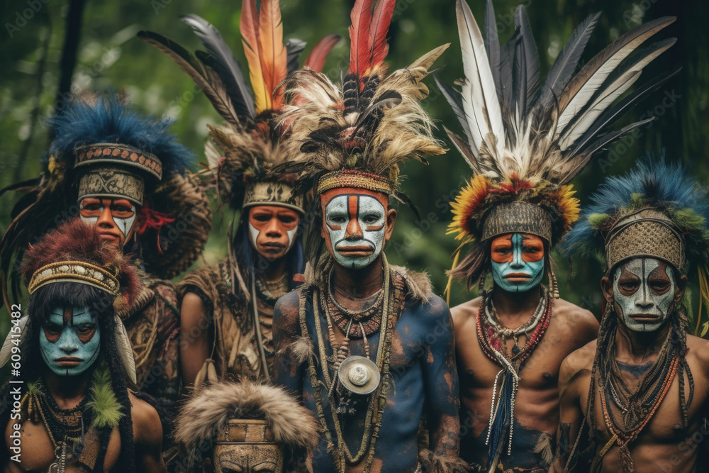 Portrait of indigenous tribe. Traditional Indians with painted faces ...