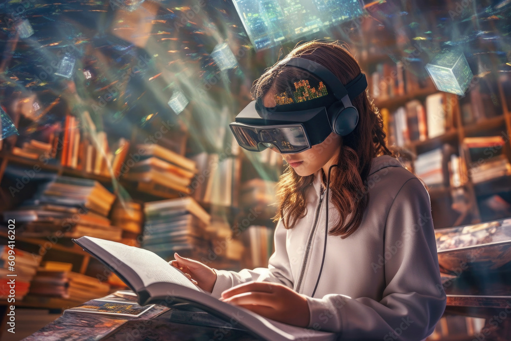 Girl wearing augmented reality headset in classroom. Futuristic school ...