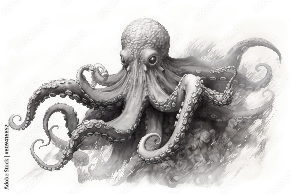 Octopus pencil drawing vintage. Generative Ai. Stock Illustration ...
