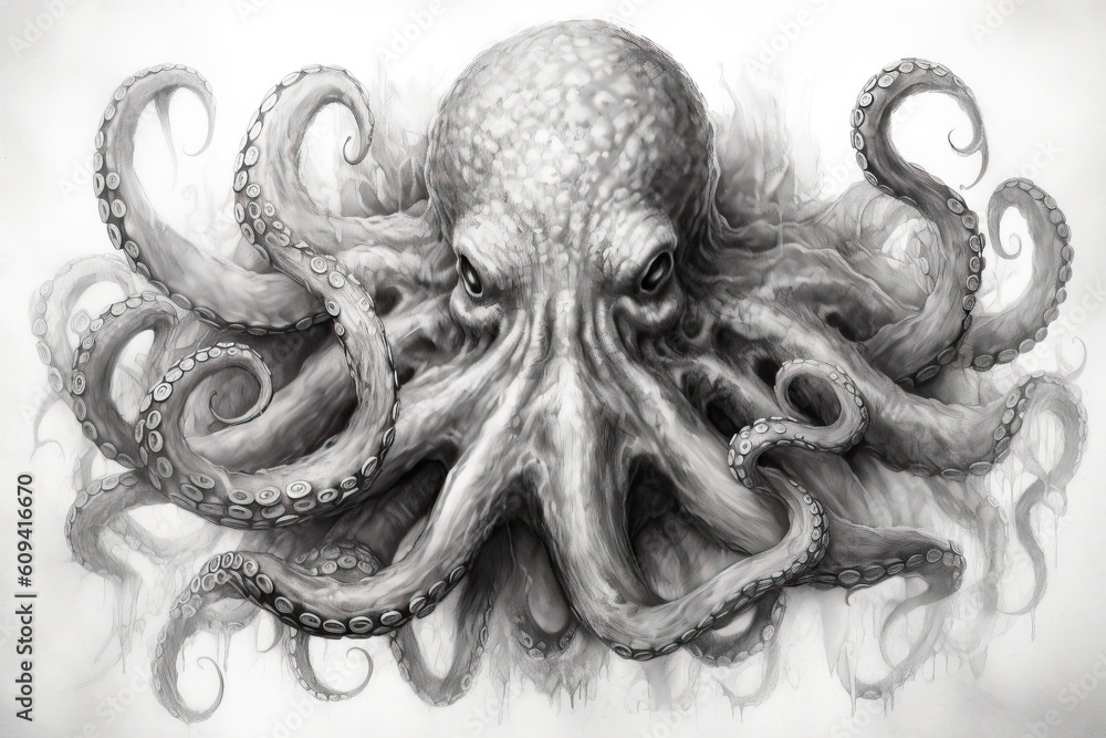 Octopus pencil drawing vintage. Generative Ai. Stock Illustration ...