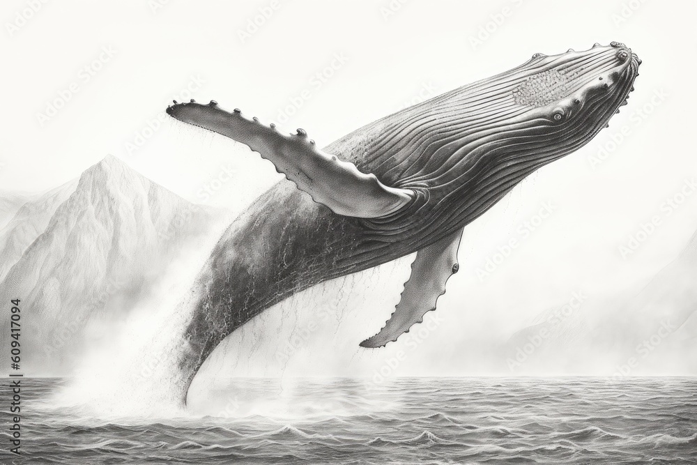 Whale drawing, Whale pencil drawing vintage. Generative Ai. Stock ...