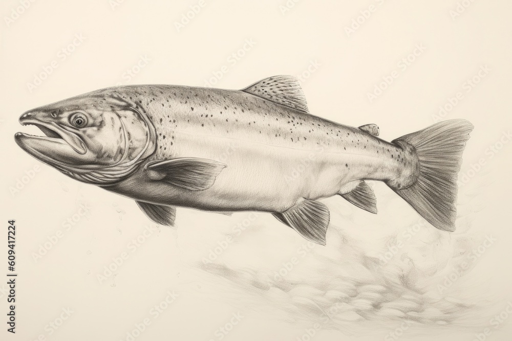 Salmon fish drawing, Salmon fish pencil drawing vintage. Generative Ai ...