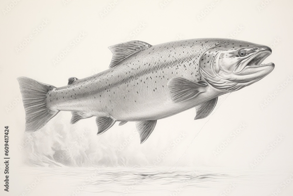 Salmon fish drawing, Salmon fish pencil drawing vintage. Generative Ai. Stock Illustration ...