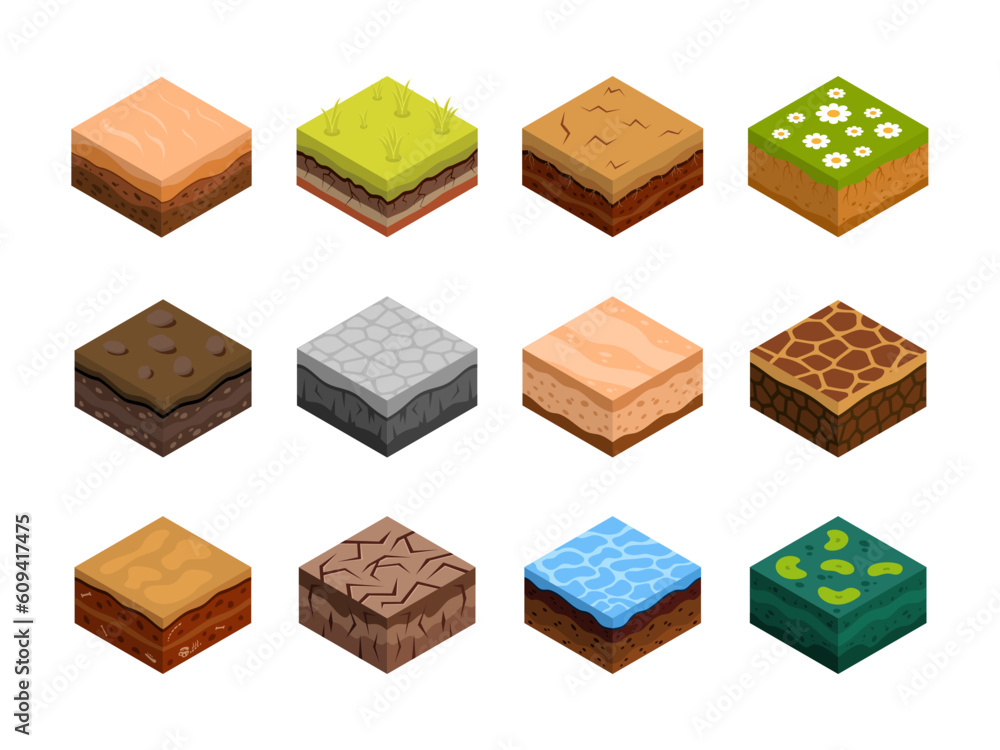 Isometric soil. Land nature surface. 3D ground cubes. Game sand desert ...