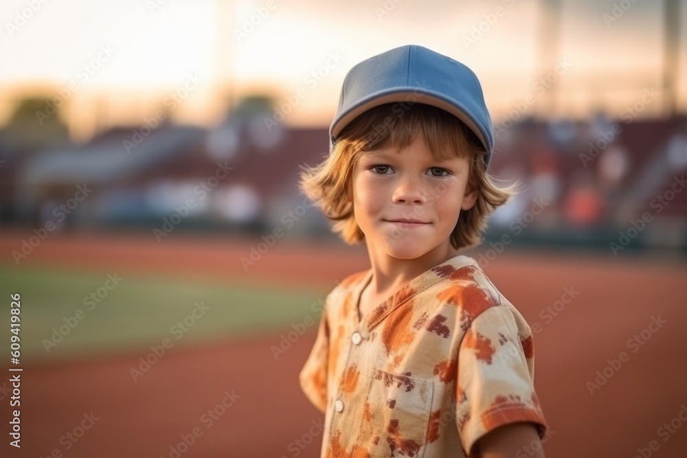 Cute little boy in baseball cap on the baseball field at sunset Stock ...