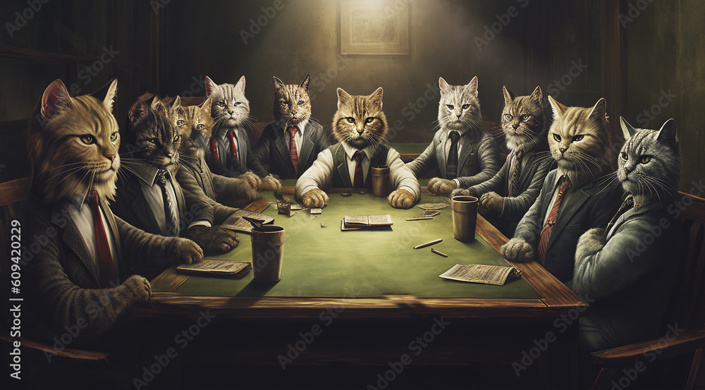 Mafia cats, illustration of cats and suits around a business table ...