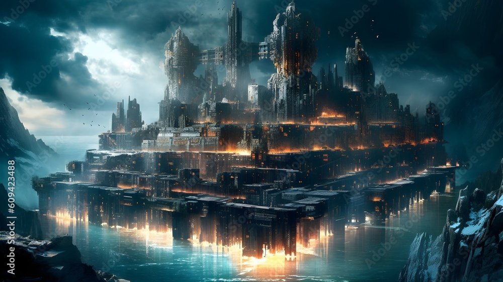 Ultra-Realistic Image, Digital Castle in Floating Cyberspace, Active ...