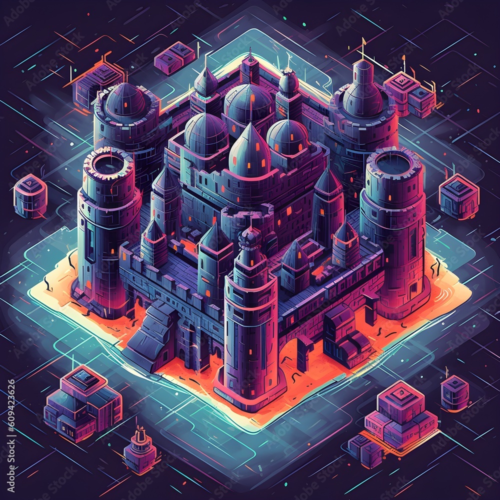 Vector Illustration of Suspended Digital Fortress, Dynamic Firewalls ...