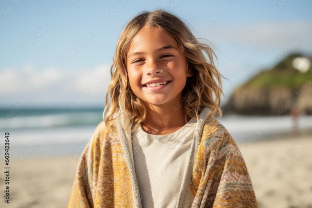 Medium shot portrait photography of a grinning child female that is ...