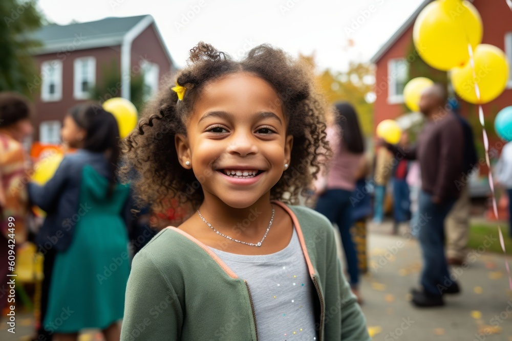 Medium shot portrait photography of a grinning child female that is ...