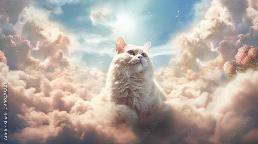 Dead cat in heaven in Paradise. Eternal memory. White. generated AI ...