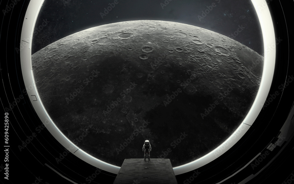 Astronaut at a huge window of spaceship looks at moon. 5K realistic ...