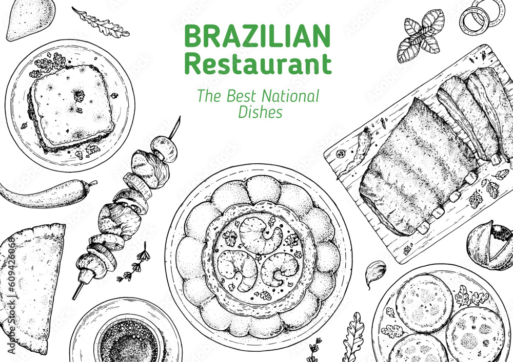 Brazilian food top view vector illustration. Food menu design template ...