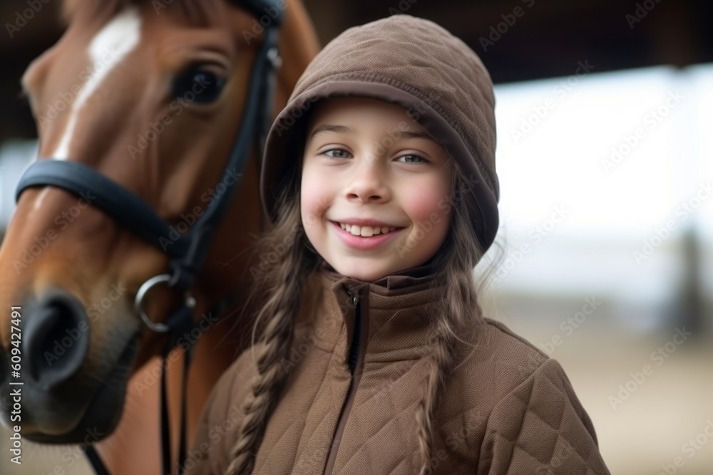 Medium shot portrait photography of a satisfied child female that is ...