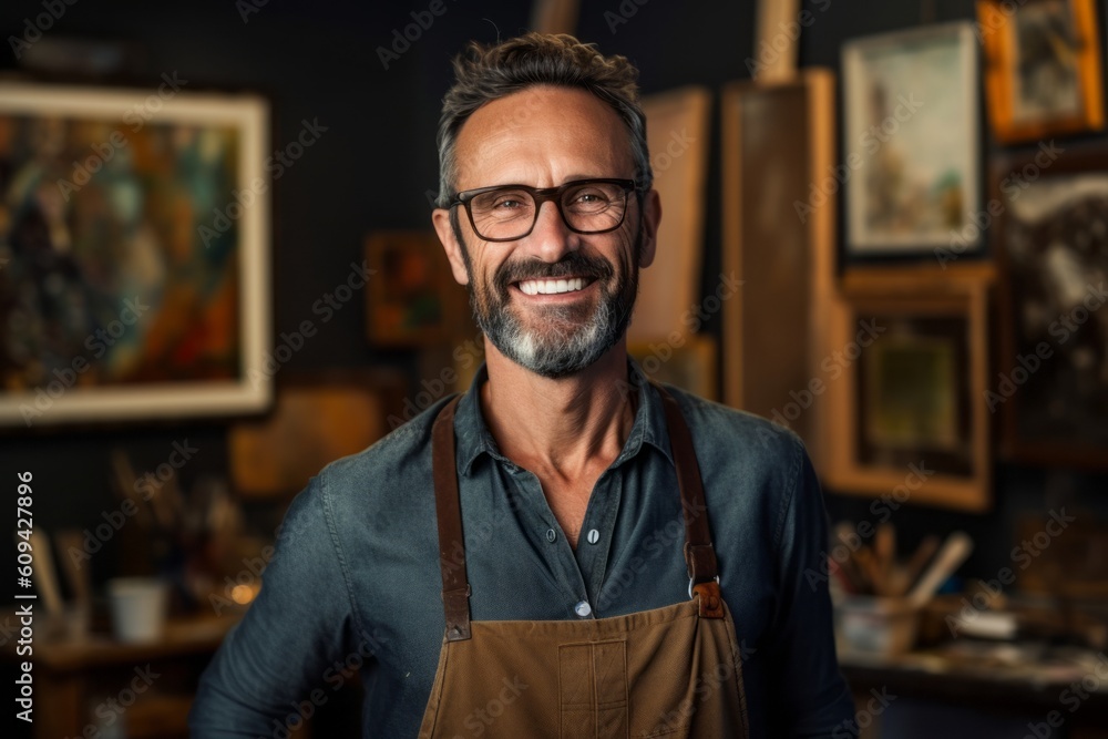 Medium shot portrait photography of a satisfied man in his 40s that is wearing a chic cardigan ...