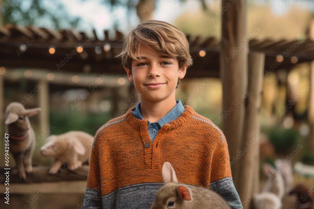 Portrait of cute boy holding rabbit on blurred background in petting ...