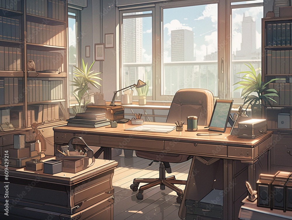 Illustration of the director's office in anime style. Has wide windows ...