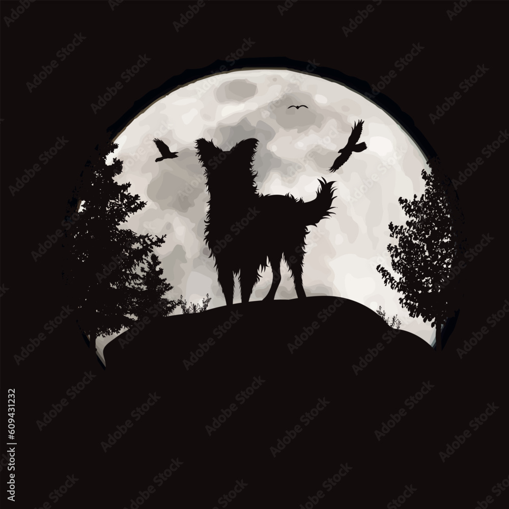Vector silhouette of dog on moon background. Symbol of night and pet ...