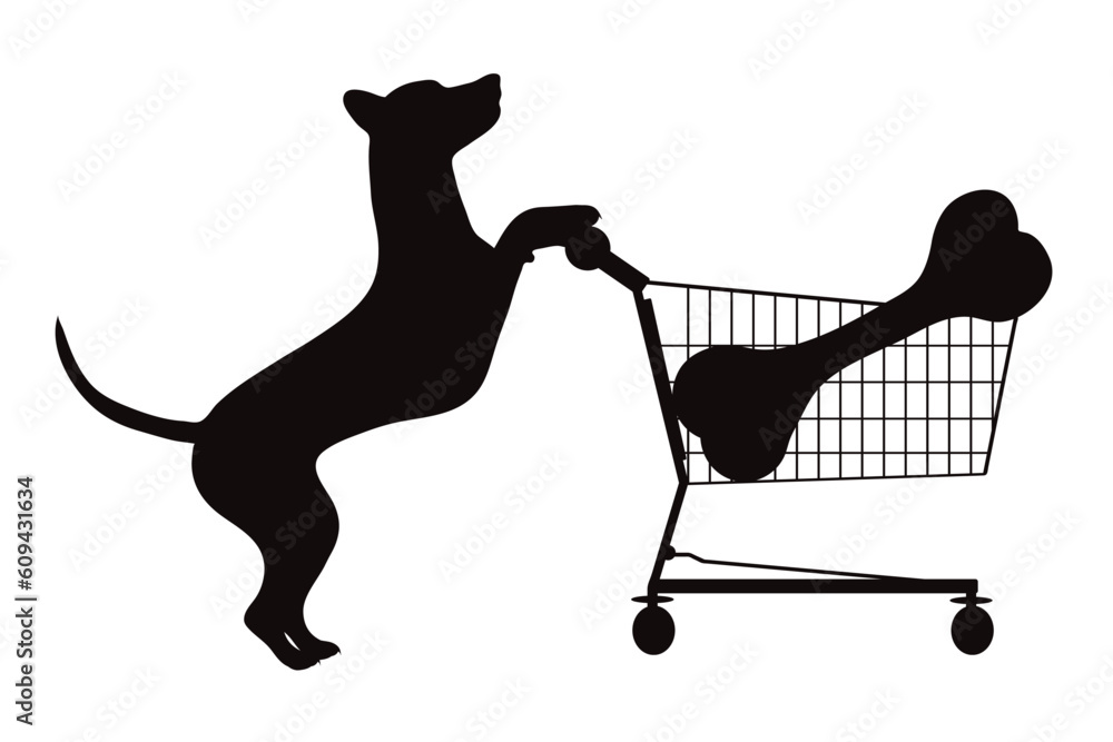 Vector silhouette of dog push shopping cart with big bone on white ...