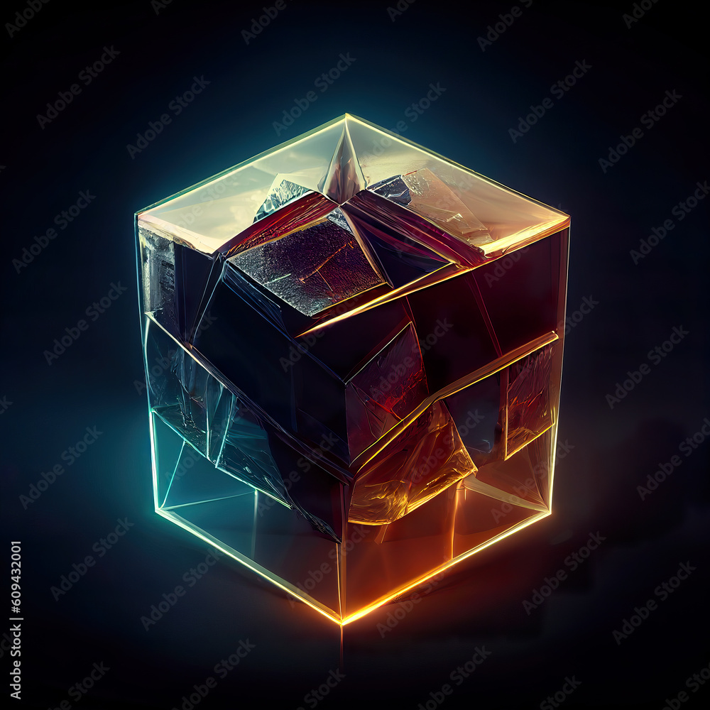 Glowing fragmentation. Textured cracked cube illuminated from behind ...