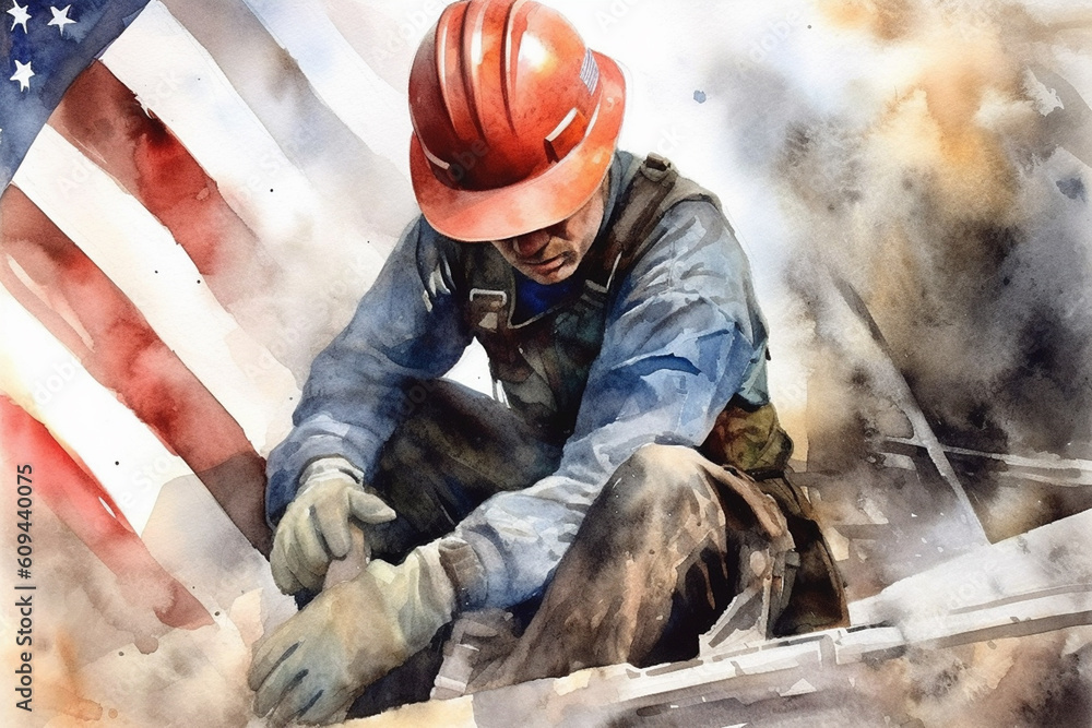 Labour day, men at work, american flag, handyman worker with tools ...