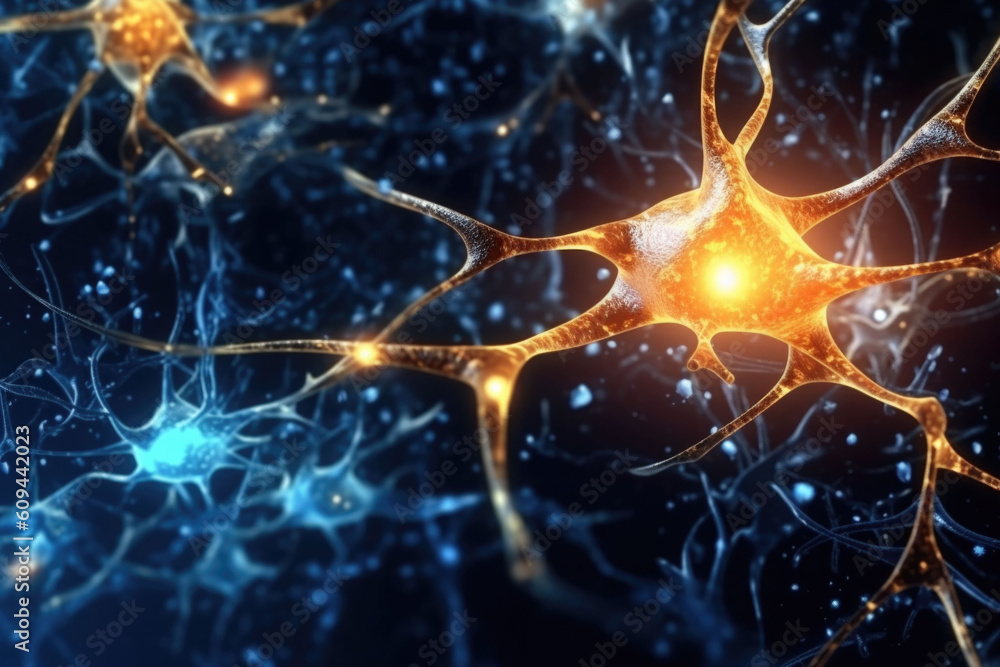 Nerve cell in blue and gold colors. System neuron of brain with ...
