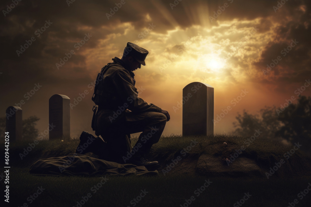 Military man kneeling of grave fallen soldier on sunset background ...