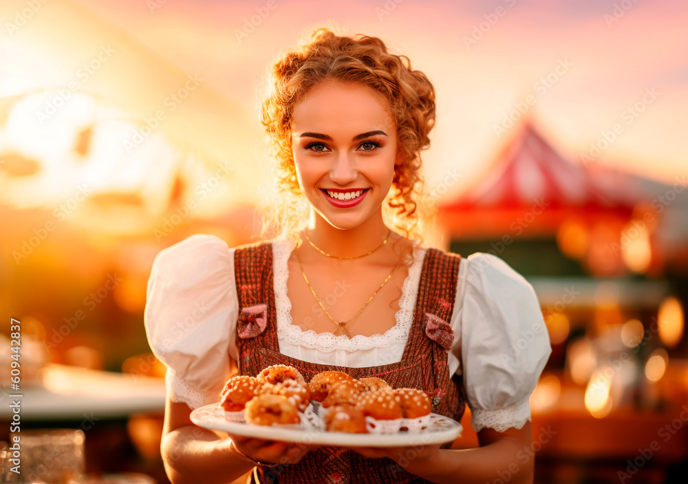 Beautiful waitress wearing traditional dirndl and holding mass beer ...