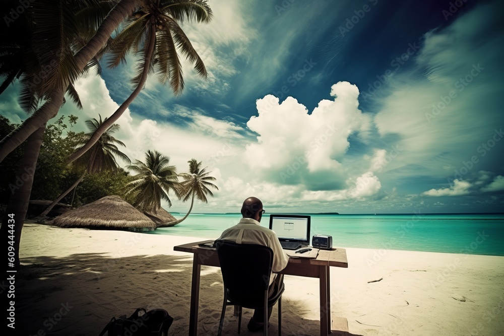 Office man in suit teleworking sitting on a table with a computer on a ...