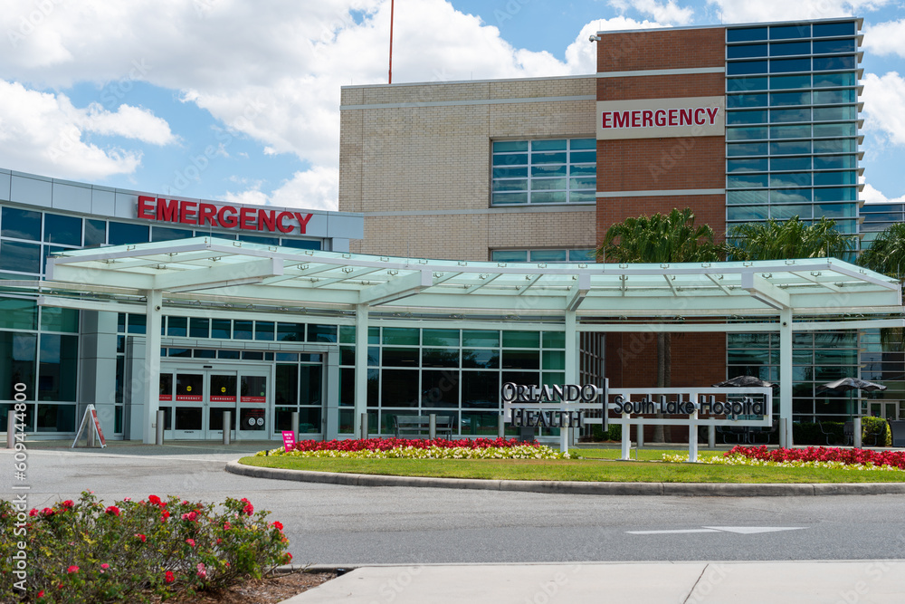Orlando, Florida, US-June 2023: Emergency Center entrance to a hospital ...