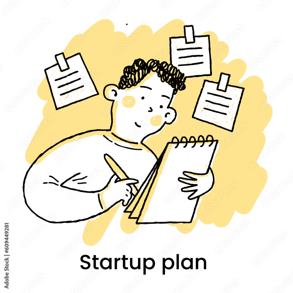Cute cartoon man. Startup plan. Cartoon man writes notes. Businessman ...