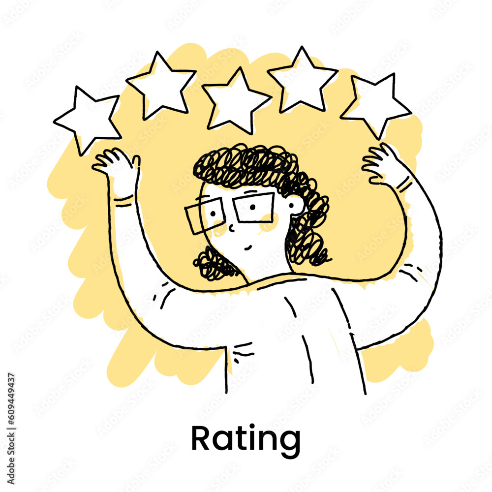 Cute cartoon man. The person leaves a five-star rating and positive ...