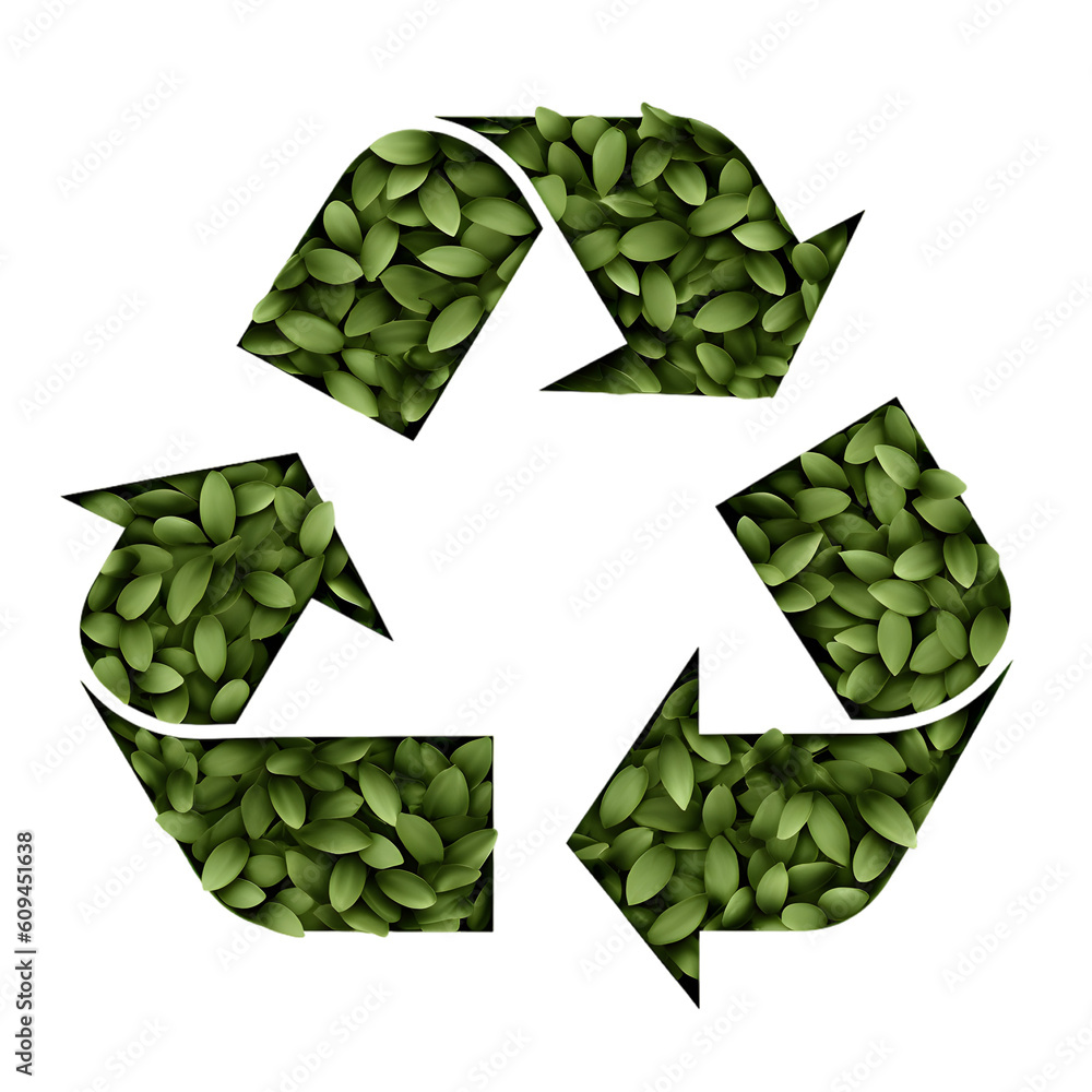 Recycling symbol from green leaves on white. Recycling arrows, reuse ...