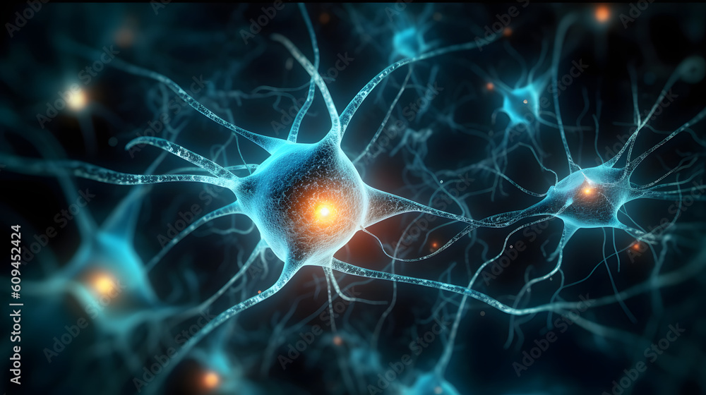 Active nerve cells. Neuronal network with electrical activity of neuron ...