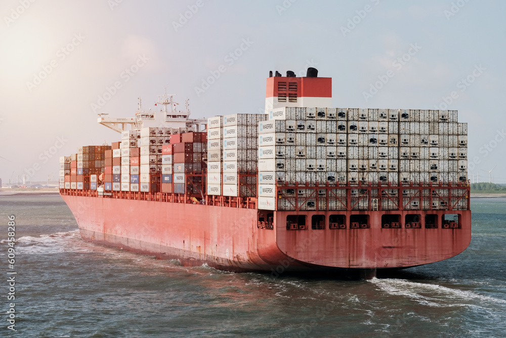 Antwerp, Belgium - 06 01 2023: Large container vessel with a tonnes of ...
