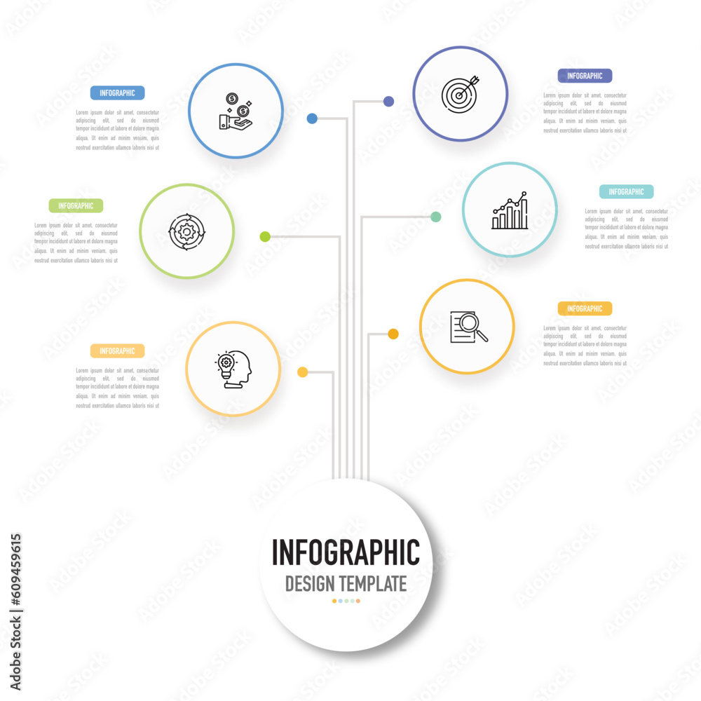 Circular mind map infographic template or element with 6 step, process ...